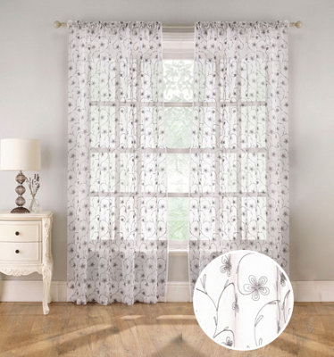 Pair of Belle Grey Sheer Floral Embroidery Voile Panels with Rod Pocket ...