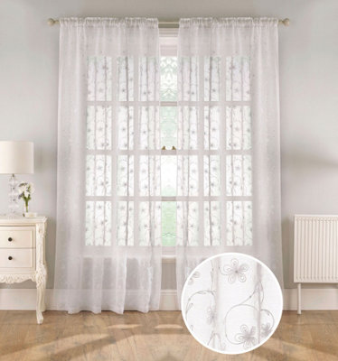 Pair of Belle White Sheer Floral Embroidery Voile Panels with Rod ...
