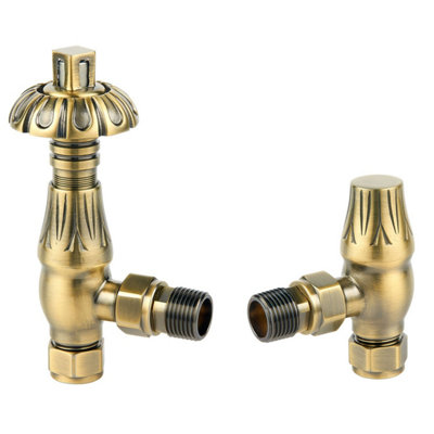 Pair of Brushed Brass Decorative Metal Head Angled Radiator Valves ...