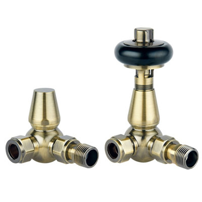 Pair of Brushed Brass Wooden Head Corner Thermostatic Radiator Valves ...