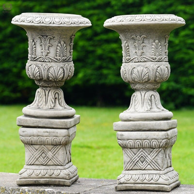 Pair of Classical Urns + Plinths Stone Planters British made Garden Ornament