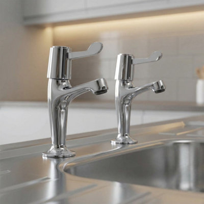 Pair of Contract Lever Kitchen Sink Pillar Taps Chrome WRAS Approved