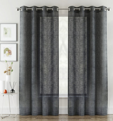 Pair of Crete Charcoal Luxury Linen Look Sheer Panels with Eyelet ...