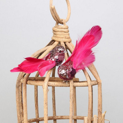 Pair of Decorative Pink Glitter Birds With Clip. Craft Accessory.