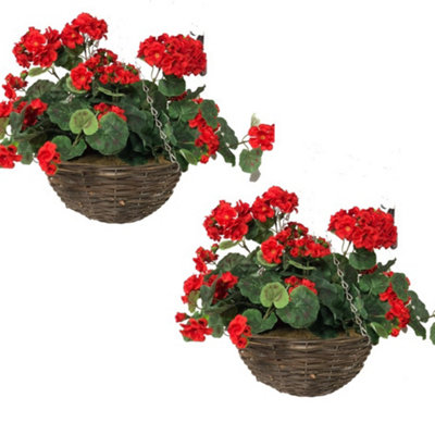 Pair of Large Artificial Geranium Flowers Rattan Hanging Basket ...