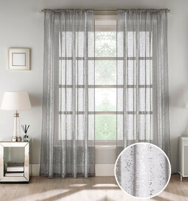 Pair of Pandora Grey Glittery Metallic Print Panel with Rod Pocket ...