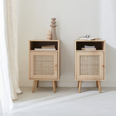 Pair of Scandi-style wood and cane rattan bedside tables with cupboard ...