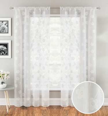 Pair of Sienna White Floral Paste Print Patterned Voile Panels with Rod ...