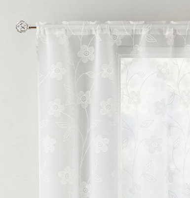 Pair of Sienna White Floral Paste Print Patterned Voile Panels with Rod ...