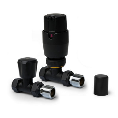 Pair of Straight Black Thermostatic Radiator Valves | DIY at B&Q