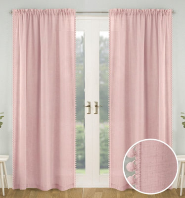 Pair of Tahiti Blush Pom-Pom Trim Linen Look Voile Panels with Rod ...