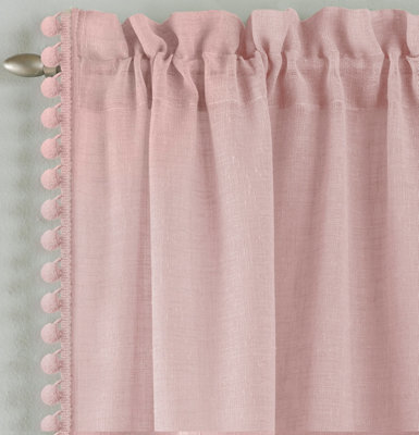 Pair of Tahiti Blush Pom-Pom Trim Linen Look Voile Panels with Rod ...