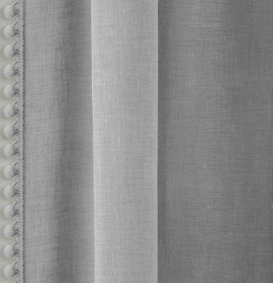 Pair of Tahiti Grey Pom-Pom Trim Linen Look Voile Panels with Rod ...