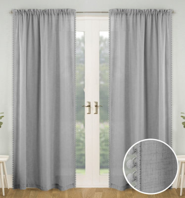 Pair of Tahiti Grey Pom-Pom Trim Linen Look Voile Panels with Rod ...