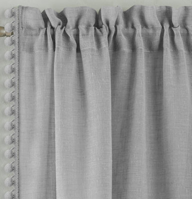 Pair of Tahiti Grey Pom-Pom Trim Linen Look Voile Panels with Rod ...