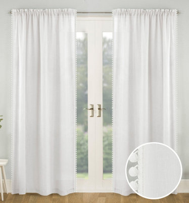 Pair of Tahiti White Pom-Pom Trim Linen Look Voile Panels with Rod ...