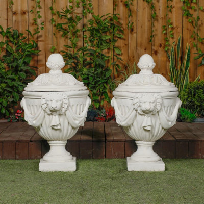 Pair Of Very Large White Stone Cast Lion Head Design Vase Urn | DIY at B&Q
