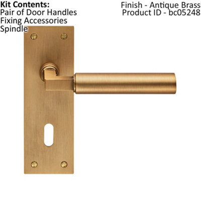 PAIR Round Bar Handle on Slim Lock Backplate 150 x 50mm Antique Brass