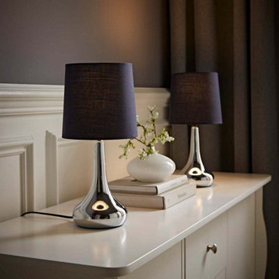 Pair - Silver Chrome Teardrop Touch Dimmer Table Lamps with Navy Blue ...