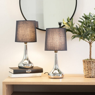 Pair Silver Chrome Teardrop Touch Dimmer Table Lamps with Navy Blue Shade for Bedside Table Bedroom