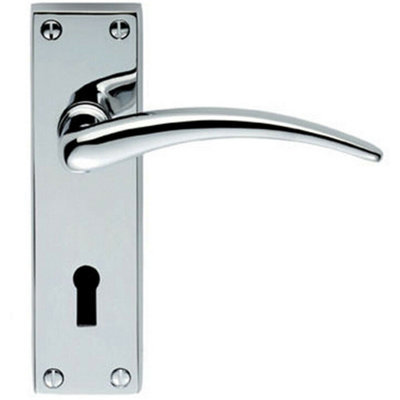 PAIR Slim Arched Door Handle on Lock Backplate 150 x 43mm Polished Chrome