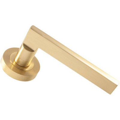 PAIR Straight Plinth Mounted Handle on Round Rose Concealed Fix Satin Brass