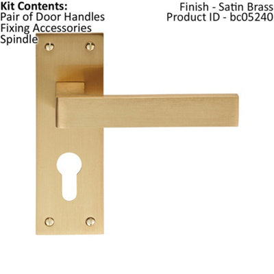 PAIR Straight Square Handle on Euro Lock Backplate 150 x 50mm Satin Brass