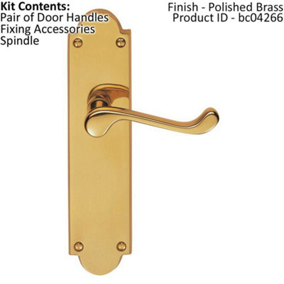 PAIR Victorian Scroll Handle on Latch Backplate 205 x 49mm Polished Brass
