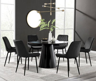 Palma Black Semi Gloss Round Dining Table 6 Black Pesaro Black Leg Chairs