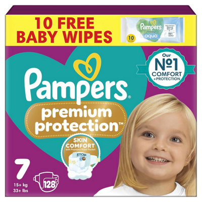 Pampers Protection Size 7, 128 Baby Nappies, 15 kg+, Monthly Pack ...