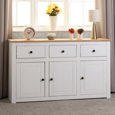 Panama 3 Door 3 Drawer Sideboard in White and Natural Wax Finish