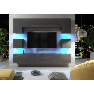 Panorama Wall TV Unit - Dark Grey with Gloss Doors and LED Lights