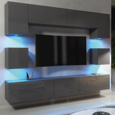 Panorama Wall TV Unit - Dark Grey with Gloss Doors and LED Lights