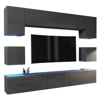Panorama Wall TV Unit - Dark Grey with Gloss Doors and LED Lights