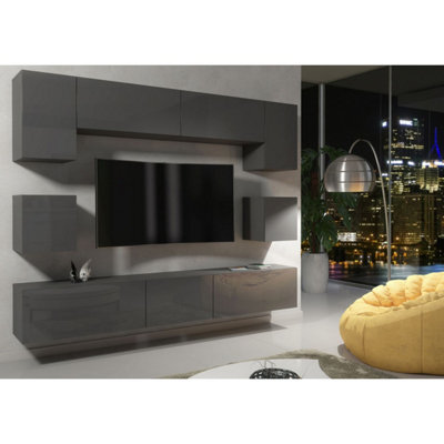 Panorama Wall TV Unit - Dark Grey with Gloss Doors