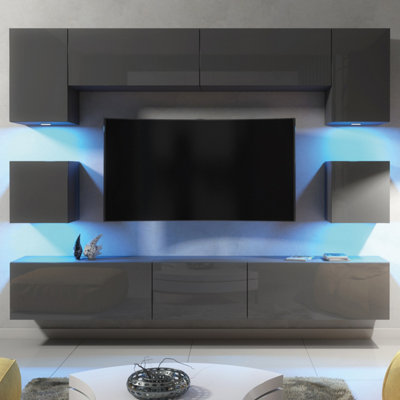 Panorama Wall TV Unit Dark Grey with High Gloss Doors and LED Lighting ...