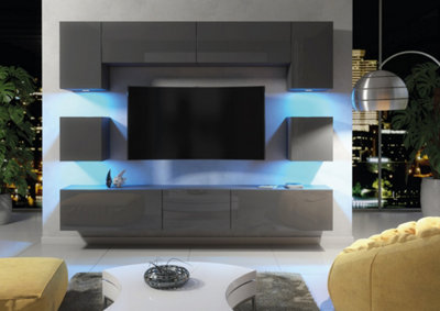 Panorama Wall TV Unit Dark Grey with High Gloss Doors and LED Lighting ...