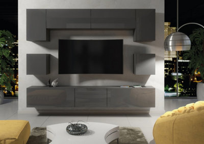Panorama Wall TV Unit Dark Grey with High Gloss Doors and LED Lighting ...