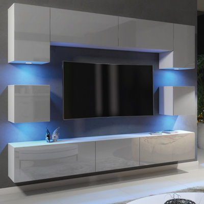 Panorama Wall TV Unit White & Grey with High Gloss Doors and LED ...