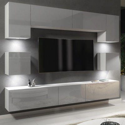 Panorama Wall TV Unit White & Grey with High Gloss Doors and LED ...