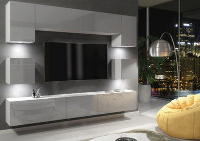 Panorama Wall TV Unit White & Grey with High Gloss Doors and LED ...