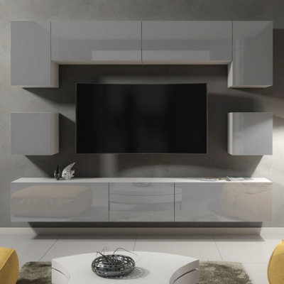 Panorama Wall TV Unit White & Grey with High Gloss Doors and LED ...
