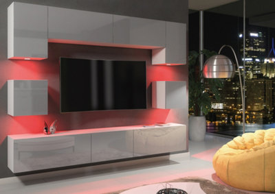 Panorama Wall TV Unit White & Grey with High Gloss Doors and LED ...
