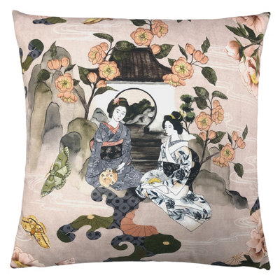 Paoletti Geisha Floral Printed Velvet Reverse Polyester Filled Cushion ...