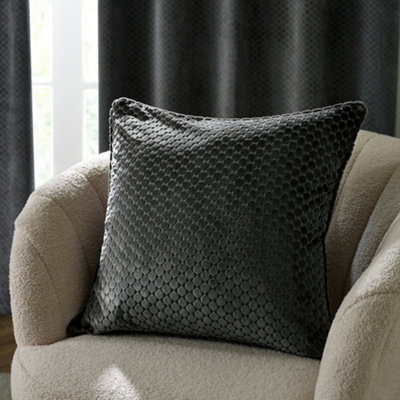 Paoletti Neptune Velvet Polyester Filled Cushion, Charcoal, 50cm x 50cm