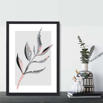 Papyrus Leaf Grey and Pink Boho Botanical Art Print with Black Frame ...