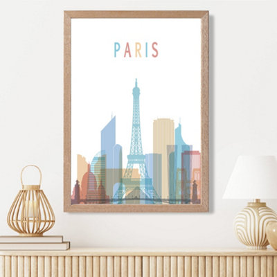 Paris Colourful City Skyline Framed Print SIZE: A3 with Oak Frame