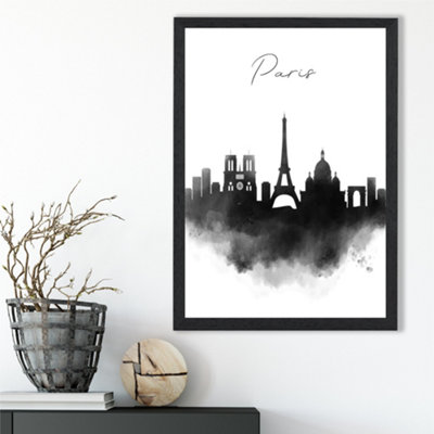 Paris Watercolour Skyline City Framed Print SIZE: A3 with Black Frame