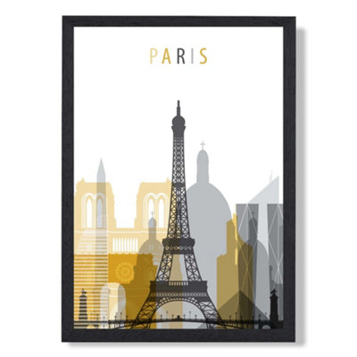 Paris Yellow and Grey City Skyline Medium Poster with Black Hanger