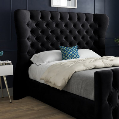 Parma Wide Curved Winged Upholstered Soft Velvet Bed Frame - Black